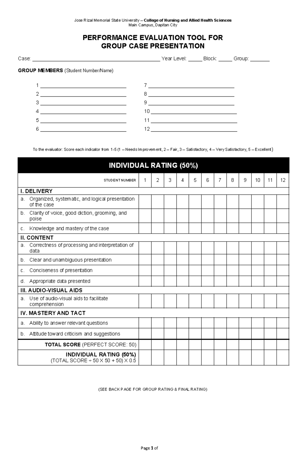 PERFORMANCE EVALUATION TOOL FOR GROUP CASE PRESENTATION - NURS 101 - Studocu