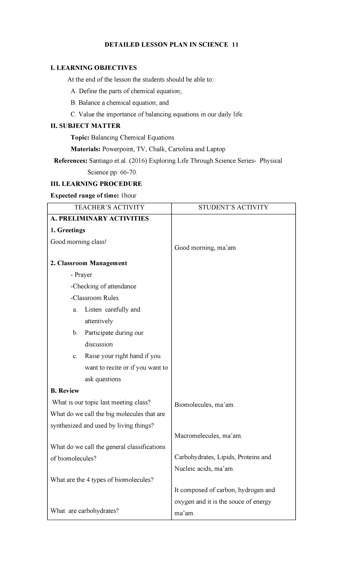 Final Lesson Plan on Balancing Chemical Equations - Science 11 - Studocu