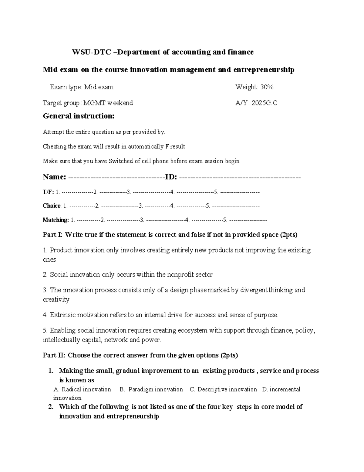 MGMT 2025G.C Mid Exam: Innovation Management & Entrepreneurship - Studocu