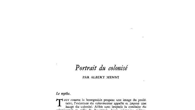 Portrait du colonisé par Albert Memmi : Analyse critique et mythes ...