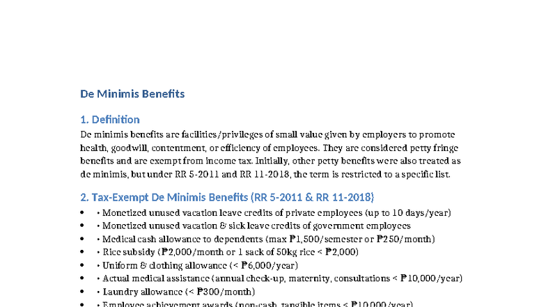 De Minimis Benefits Notes: Tax Treatment & Comparison Guide - Studocu