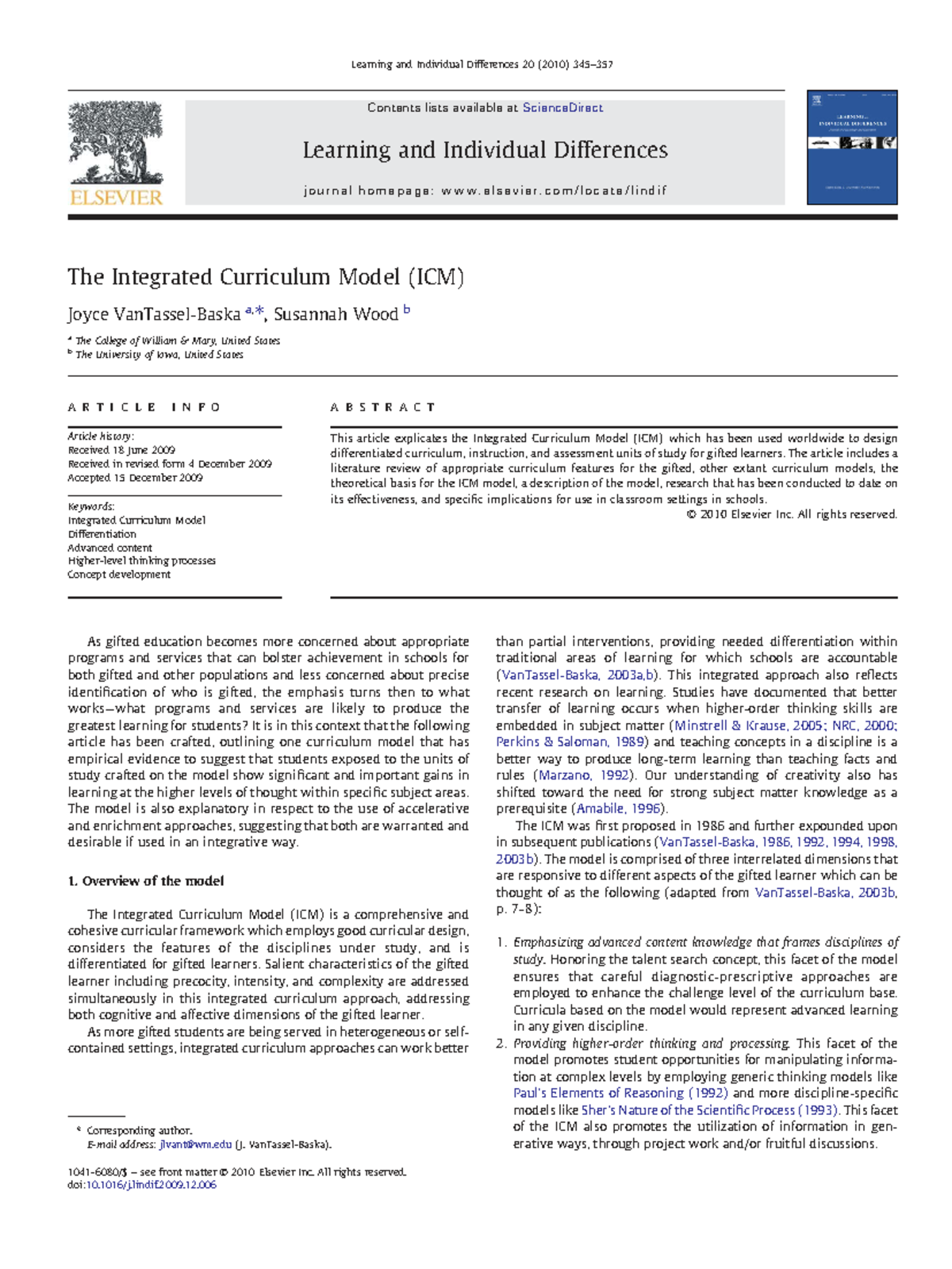 Integrated Curriculum Model (ICM) for Gifted Learners: A Comprehensive ...