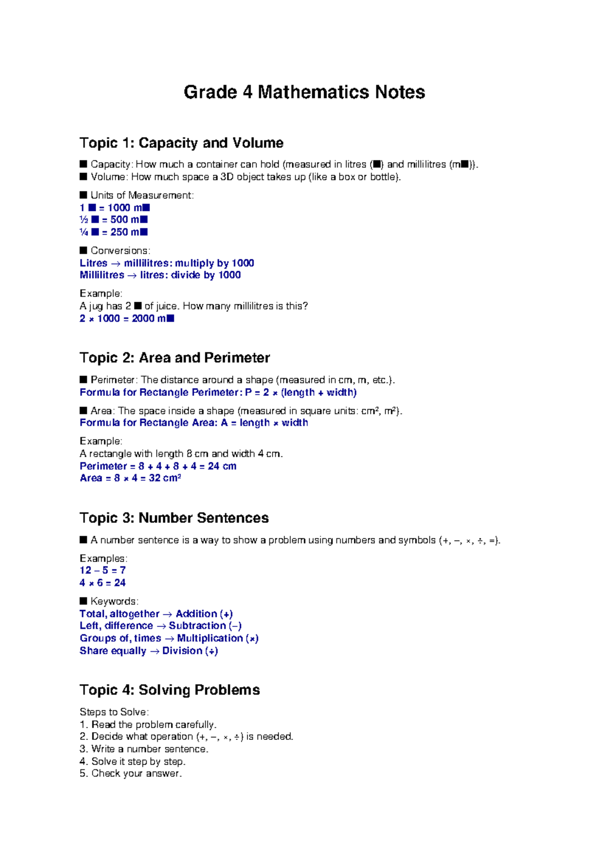 Grade 4 Maths Notes - Capacity, Area, and Problem Solving - Studocu