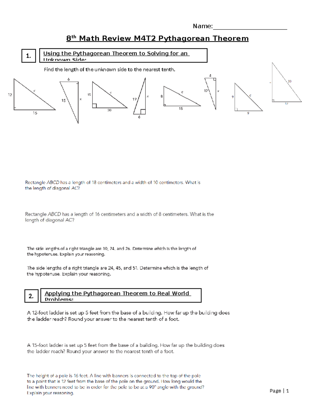 8th Math Review M4T2: Pythagorean Theorem Practice Problems - Studocu