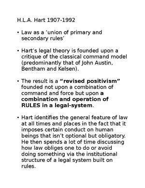 Hart's Concept of Law - Lecture Notes on Hart's law - Hart's Concept of ...