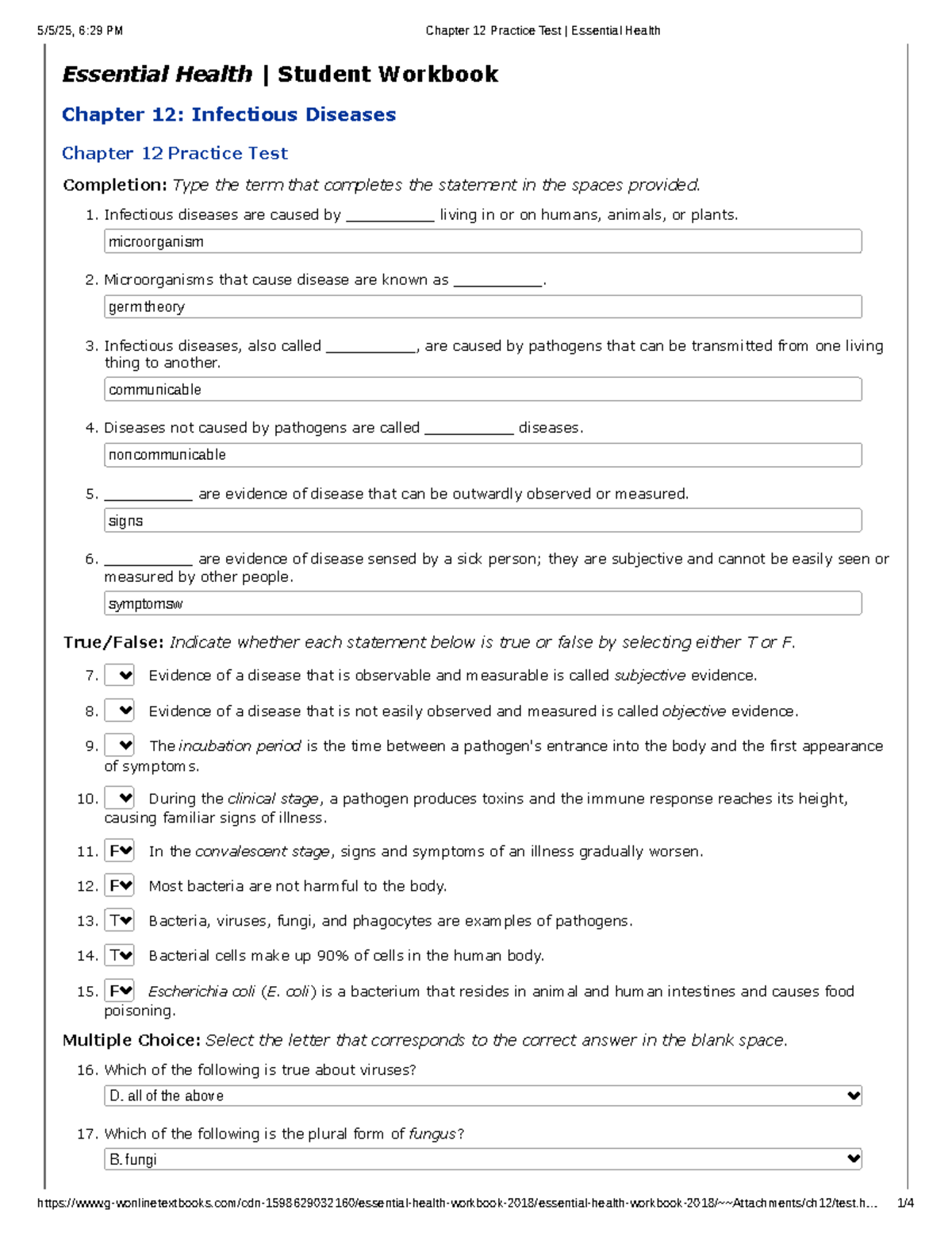 Chapter 12 Practice Test: Infectious Diseases in Essential Health - Studocu