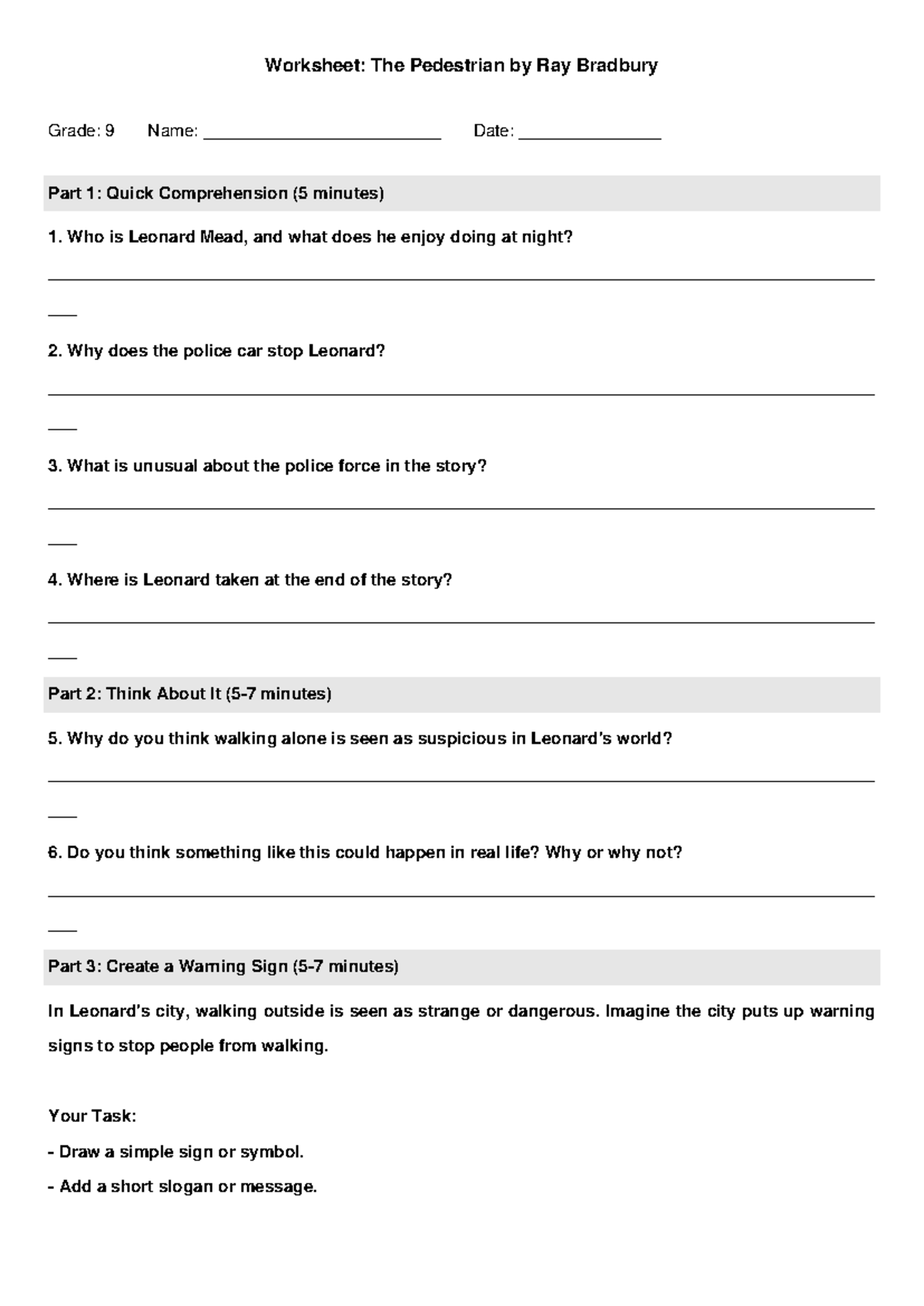 Grade 9 Worksheet: Analyzing "The Pedestrian" by Ray Bradbury - Studocu