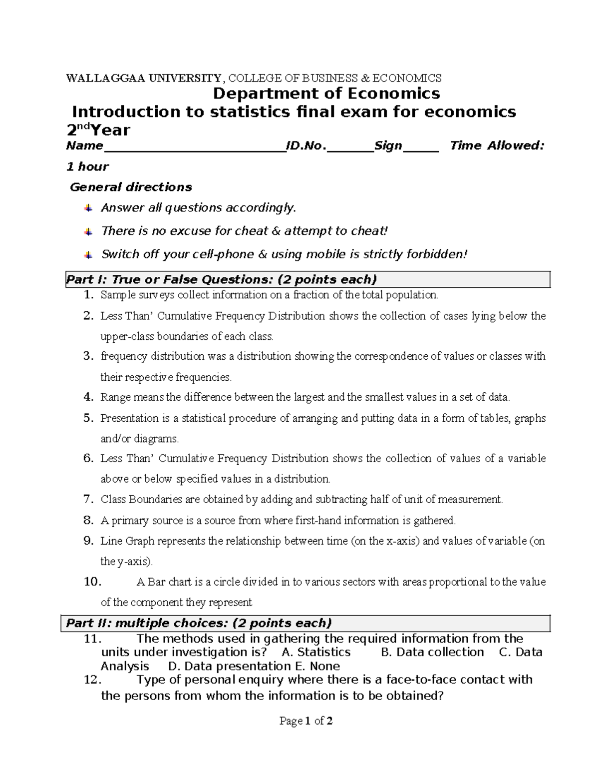ECO 201: Introduction to Statistics Final Exam - 2nd Year - Studocu