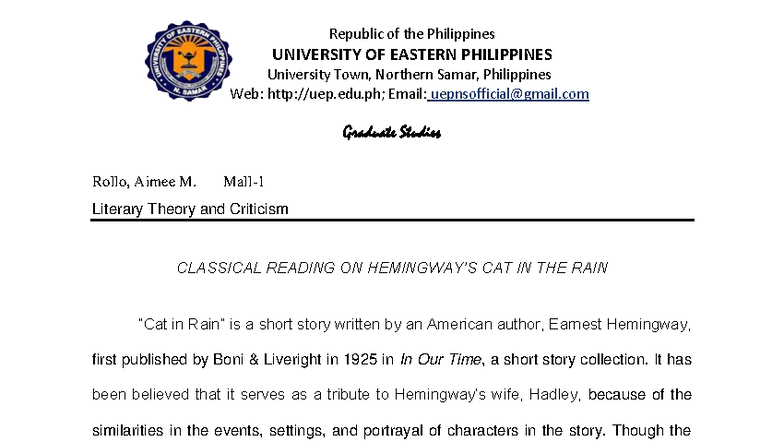 Literary Analysis of Hemingway's "Cat in the Rain" - Grad Studies - Studocu