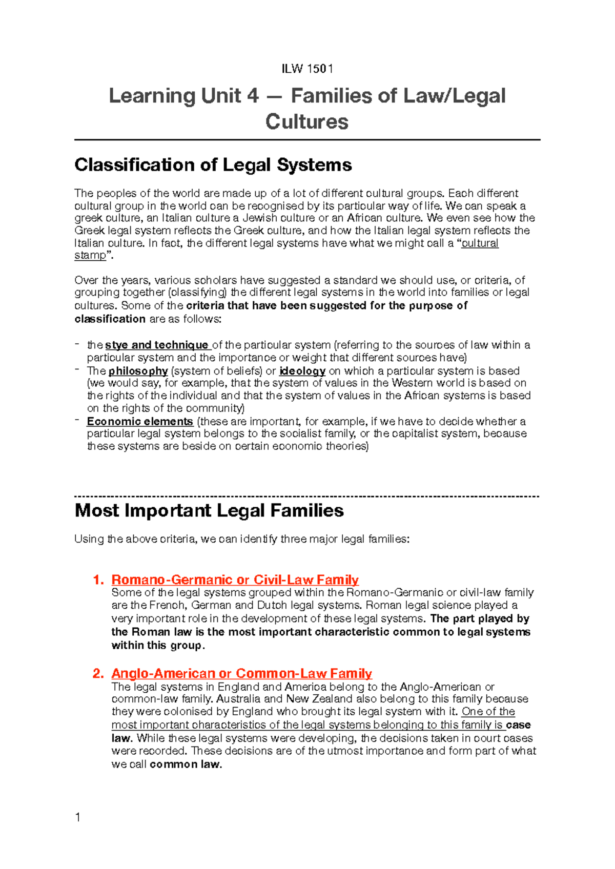 ILW 1501: Legal Families and Cultures - Unit 4 Overview - Studocu