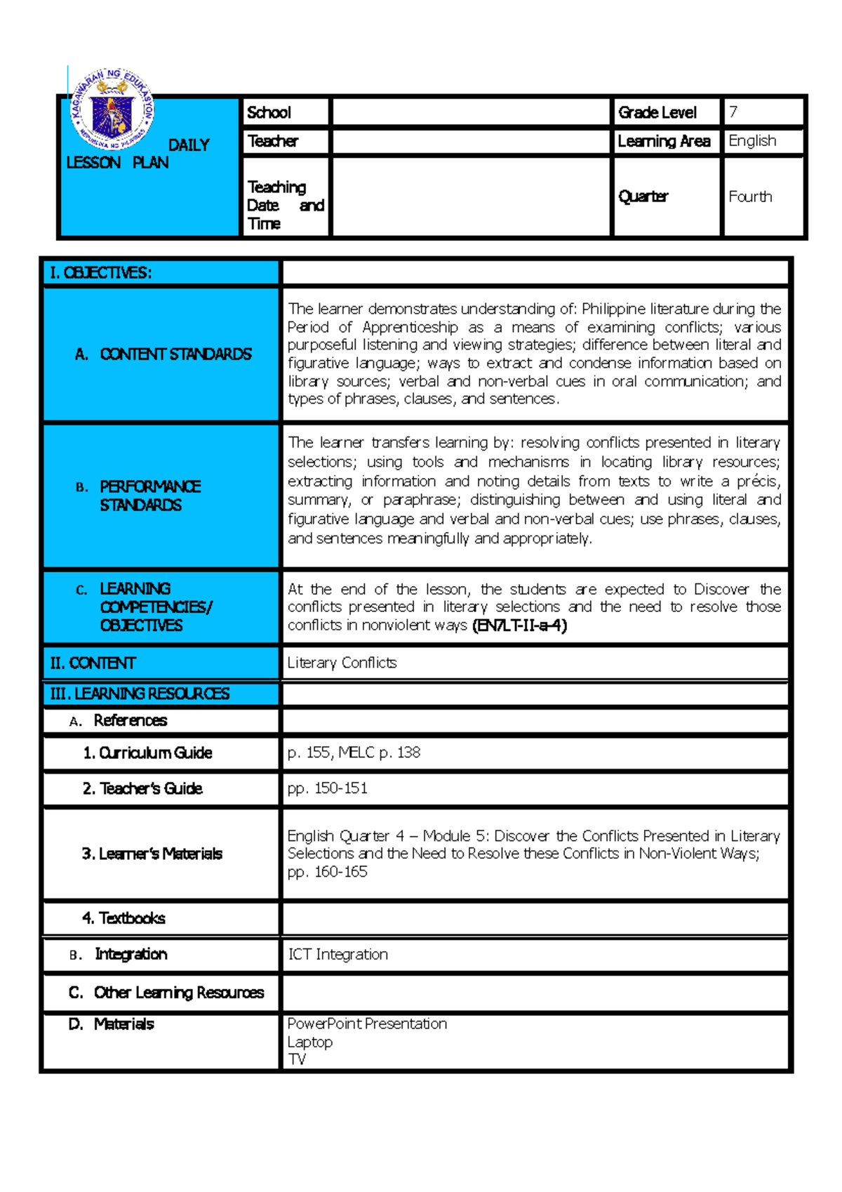 Lesson Plan on Literary Conflicts for Q4-M5 (Grade 7 English) - Studocu