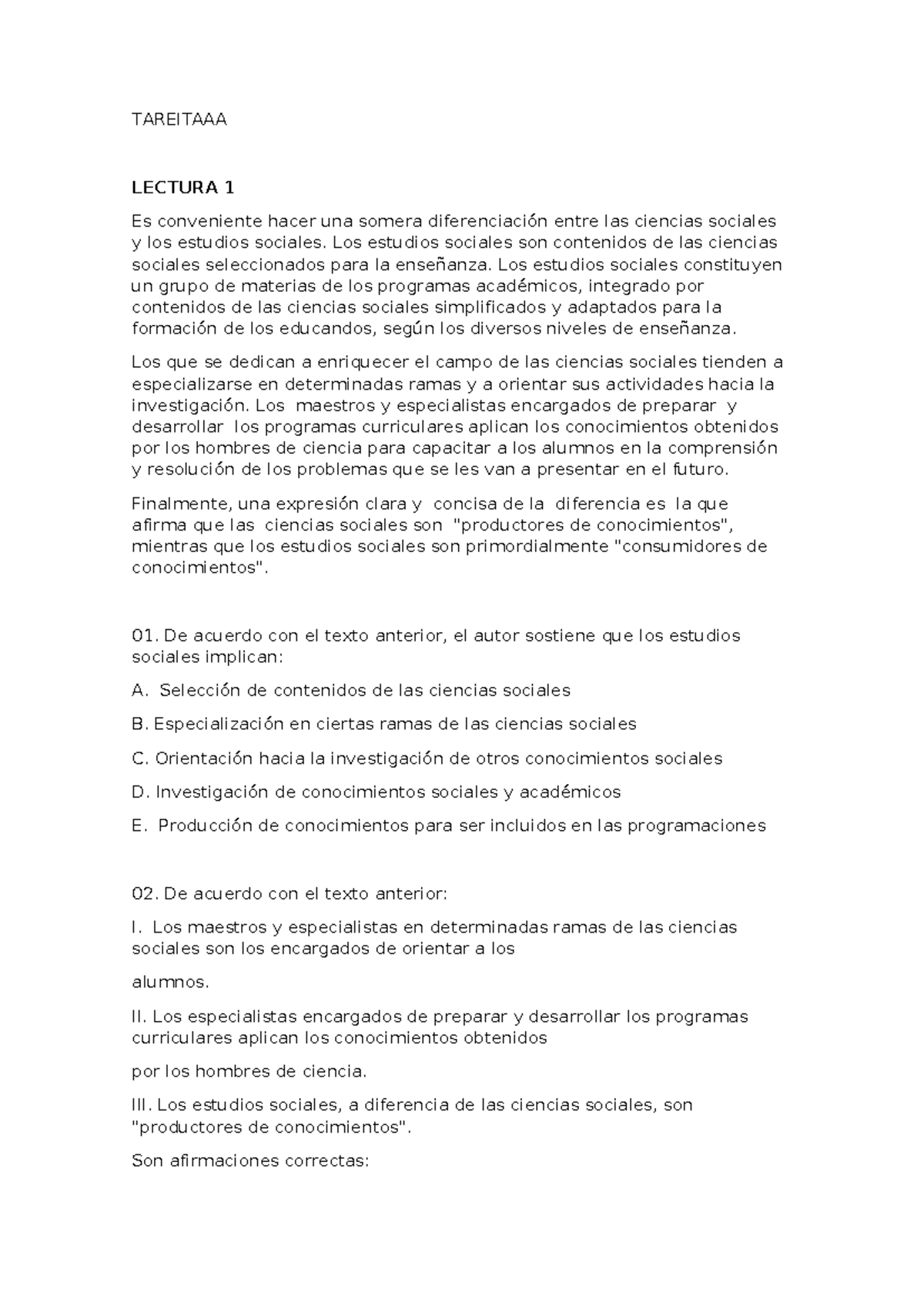 Análisis de Lecturas: Ciencias Sociales y Compartir Verbalmente - Studocu