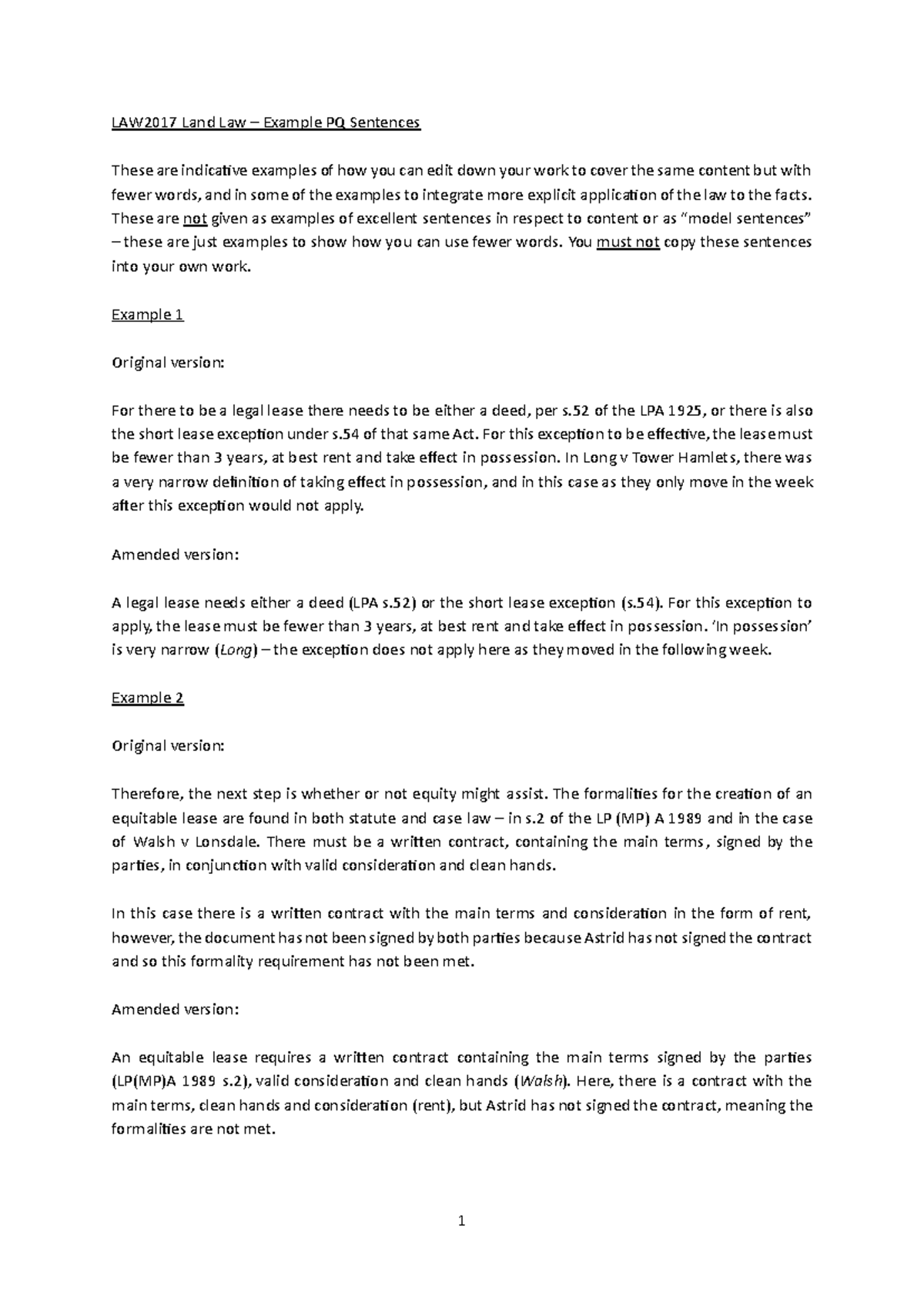 LAW2017 Land Law – Example PQ Sentences - 1 LAW2017 Land Law – Example ...