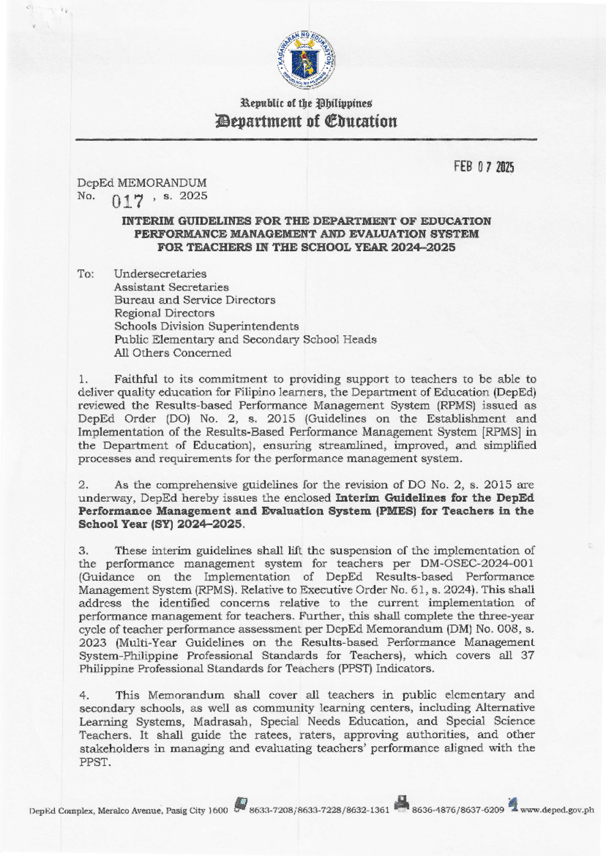 Interim Guidelines for DepEd PMES for Teachers SY 2025 (DM 017) - Studocu