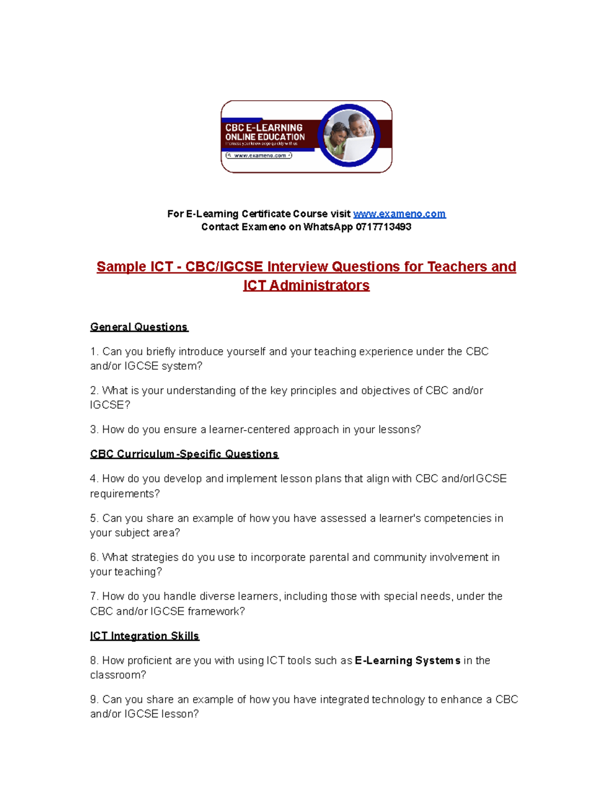 CBC/IGCSE Teacher Interview Questions for ICT Curriculum Integration ...