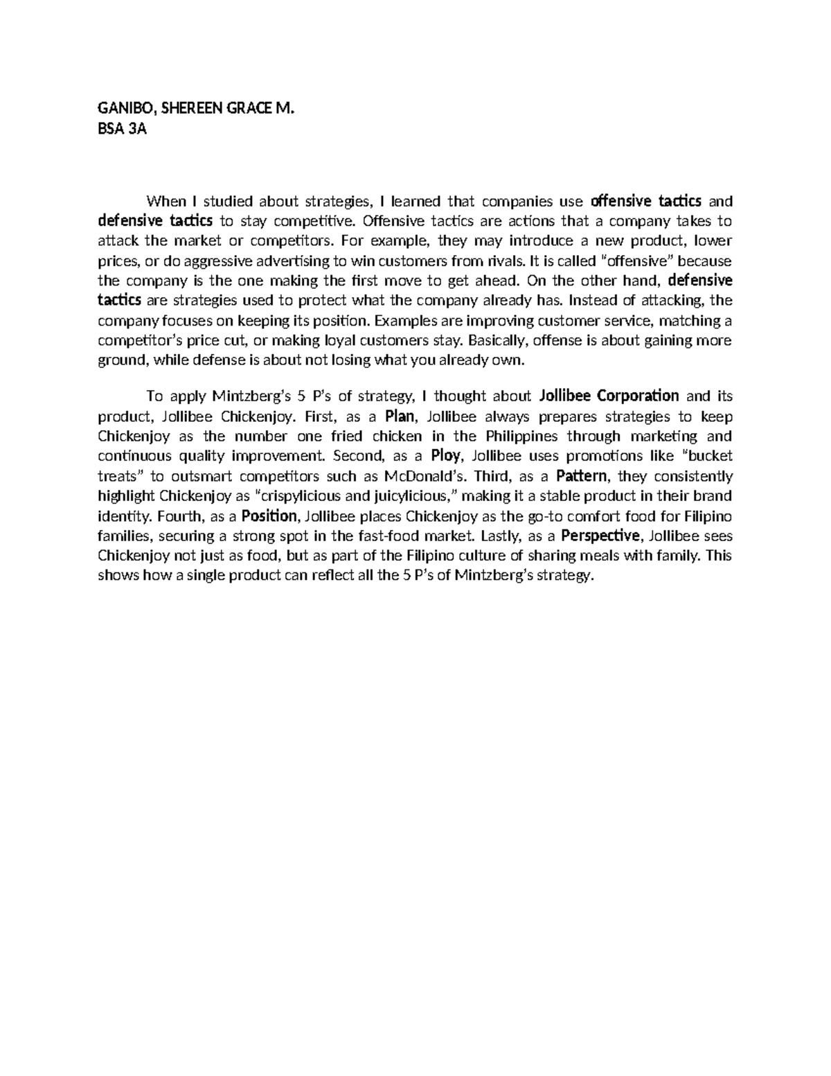 BSA 3A Case Study: Offensive & Defensive Strategies in Jollibee - Studocu