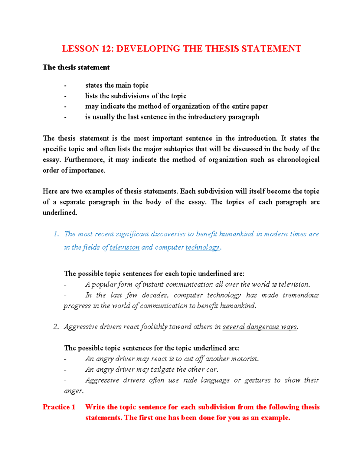 Writing LV2- Lesson 12 KEY- FULL - LESSON 12: DEVELOPING THE THESIS ...