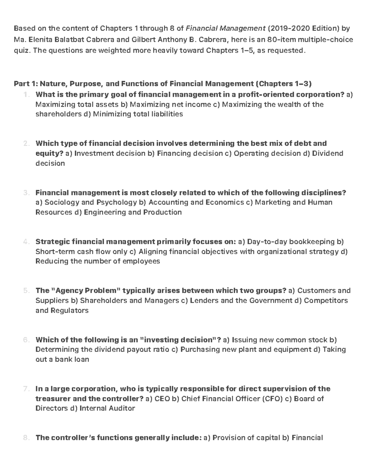 Financial Management (FIN 101) Quiz: Chapters 1-8 Practice Questions ...