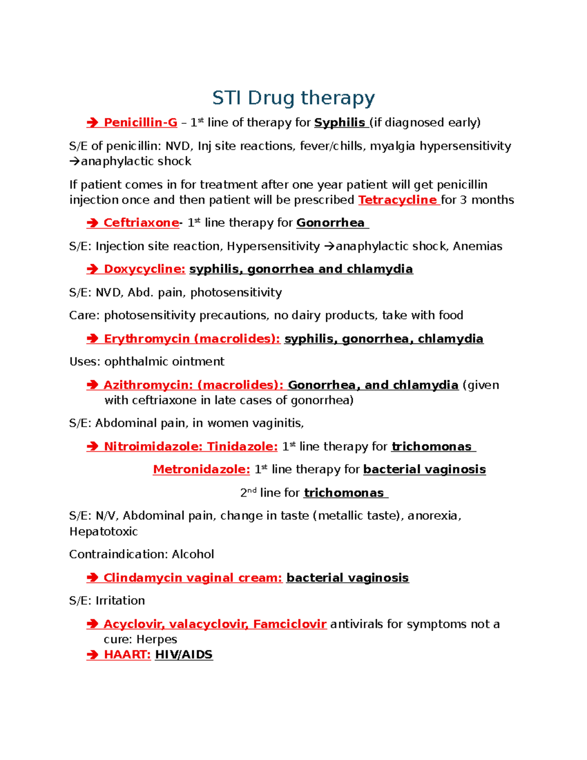 STI Drug Therapy: 1st Line Treatments & Considerations - Studocu