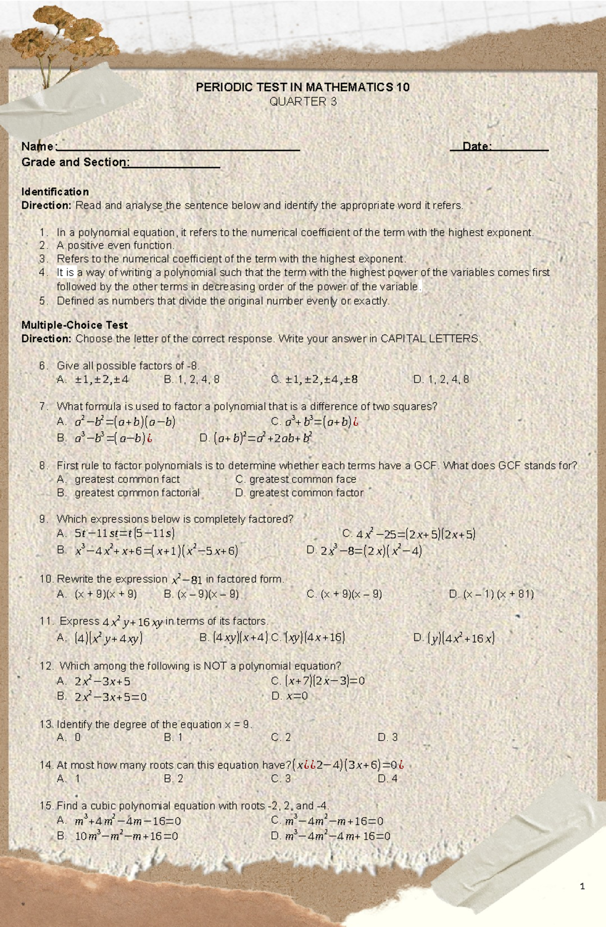 Periodical Testb PORT - REVIEWER - PERIODIC TEST IN MATHEMATICS 10 ...