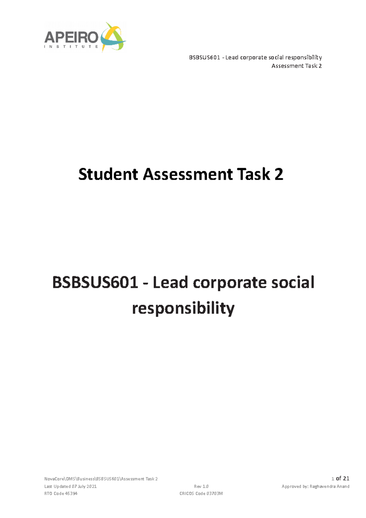 Bsbsus 601 - Assessment Task 2.v1.0 - Assessment Task 2 Student ...