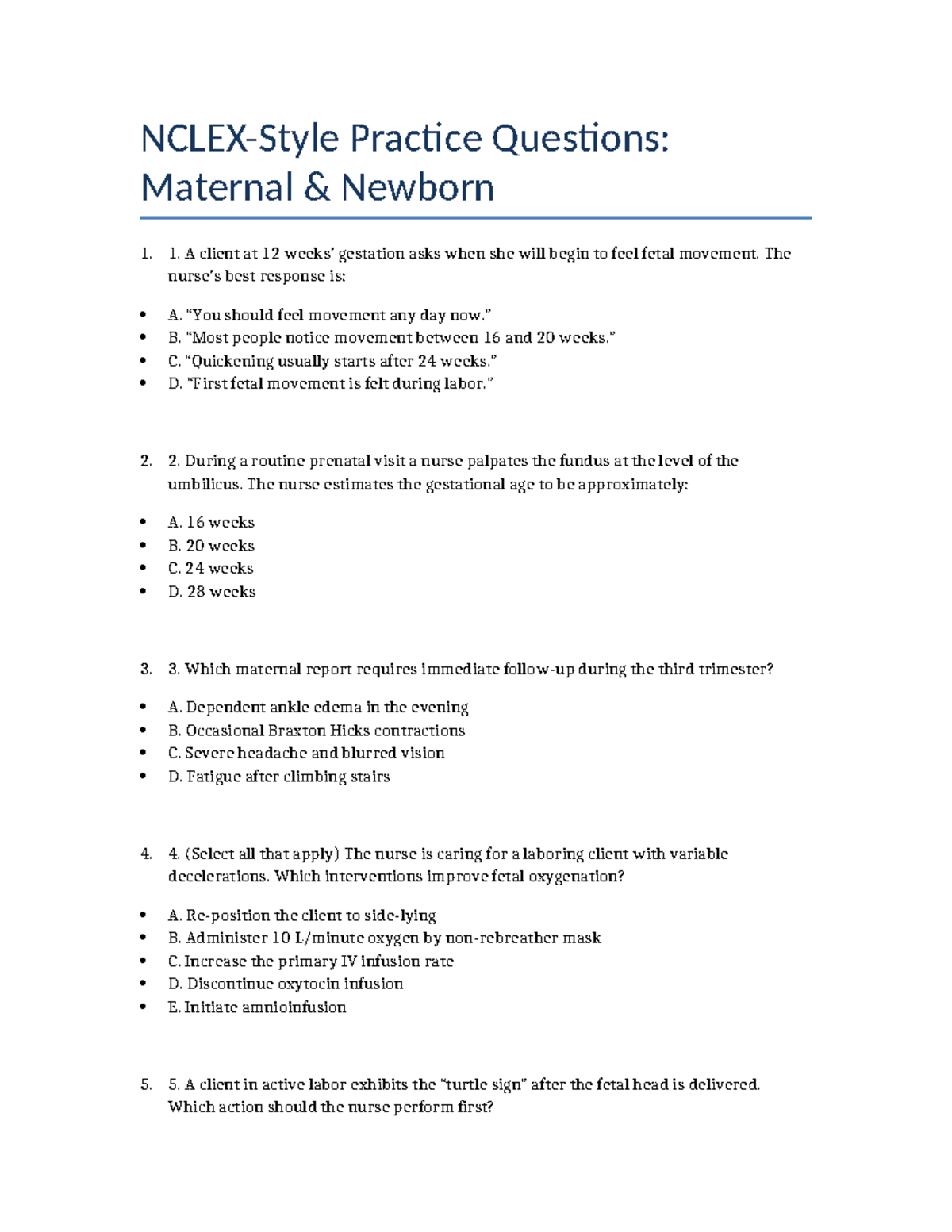 NCLEX Maternal Newborn Practice Questions: Key Concepts & Answers - Studocu