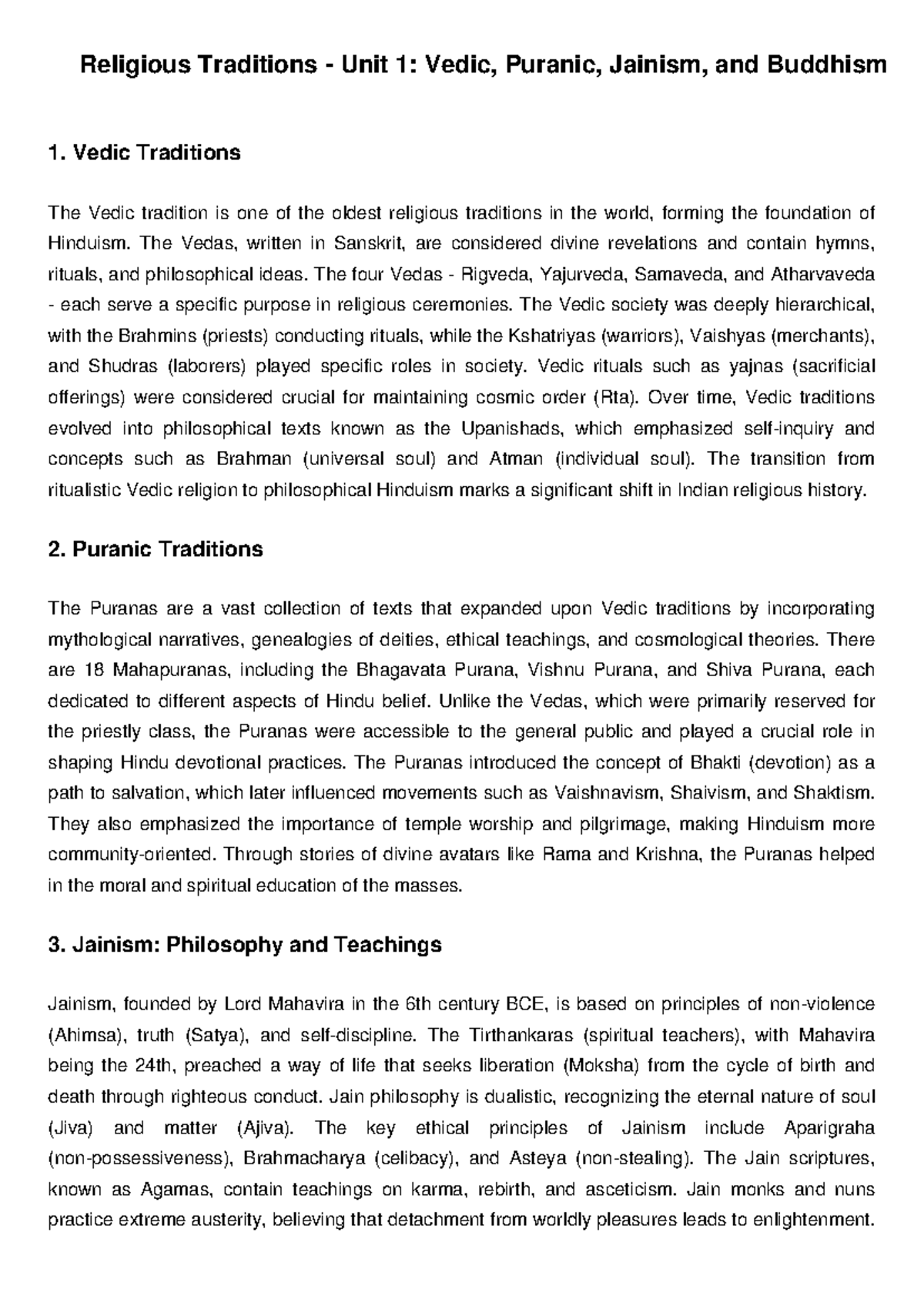 Religious Traditions Unit 1: Vedic, Puranic, Jainism & Buddhism ...