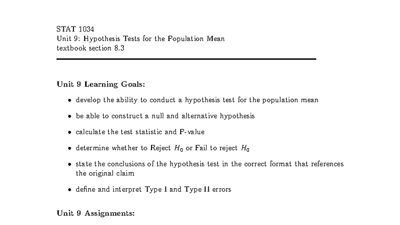 STAT 1034 Unit 9: Hypothesis Tests for the Population Mean Lecture ...