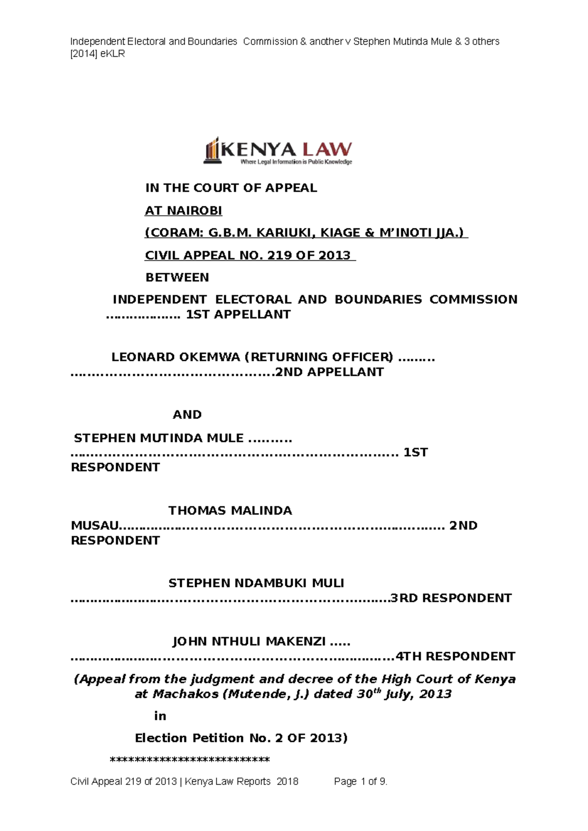 Civil Appeal 219 of 2013: Kiage on Pleadings and Election Law - Studocu