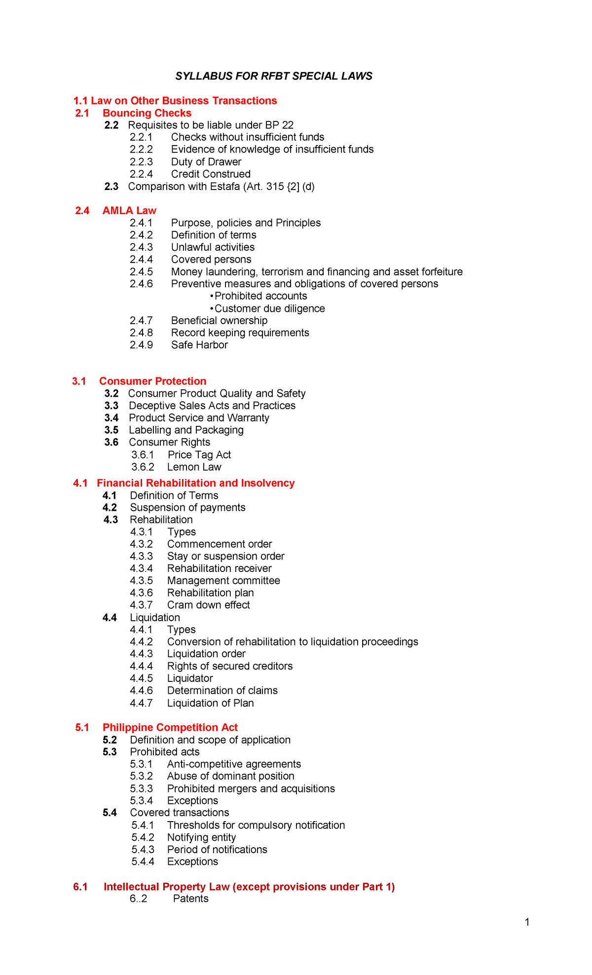 RFBT Special Laws Syllabus Overview for 2025 Academic Year - Studocu