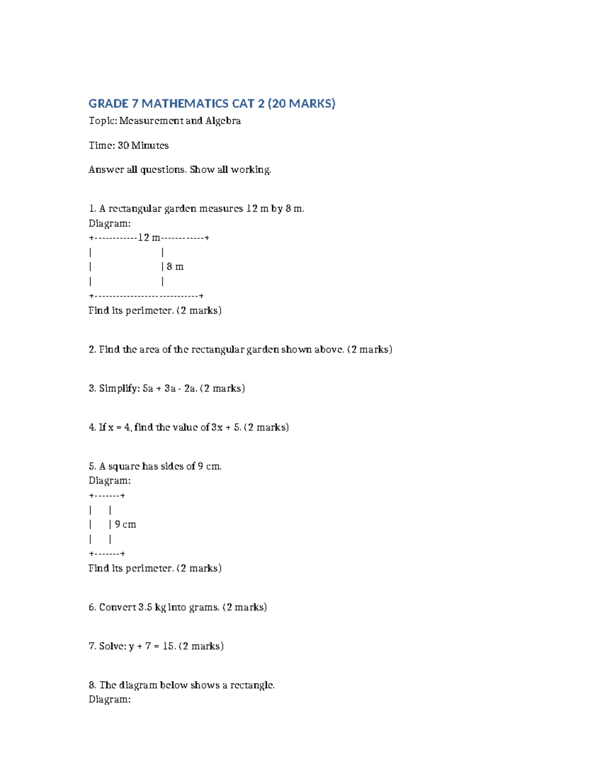 GRADE 7 MATHEMATICS CAT 2: Measurement & Algebra Questions - Studocu