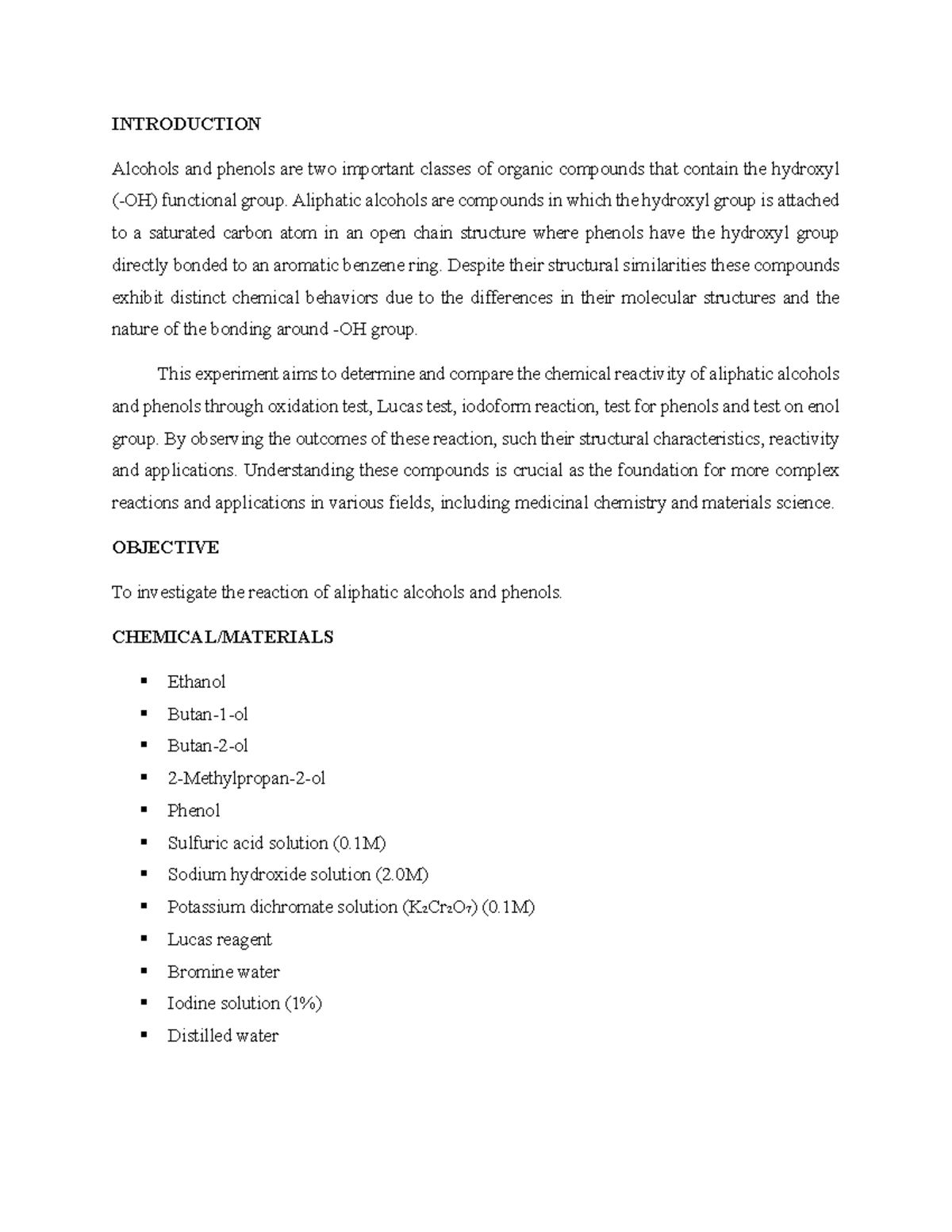 Experiment 4 CHM207 - Reactivity of Alcohols and Phenols Lab Report ...