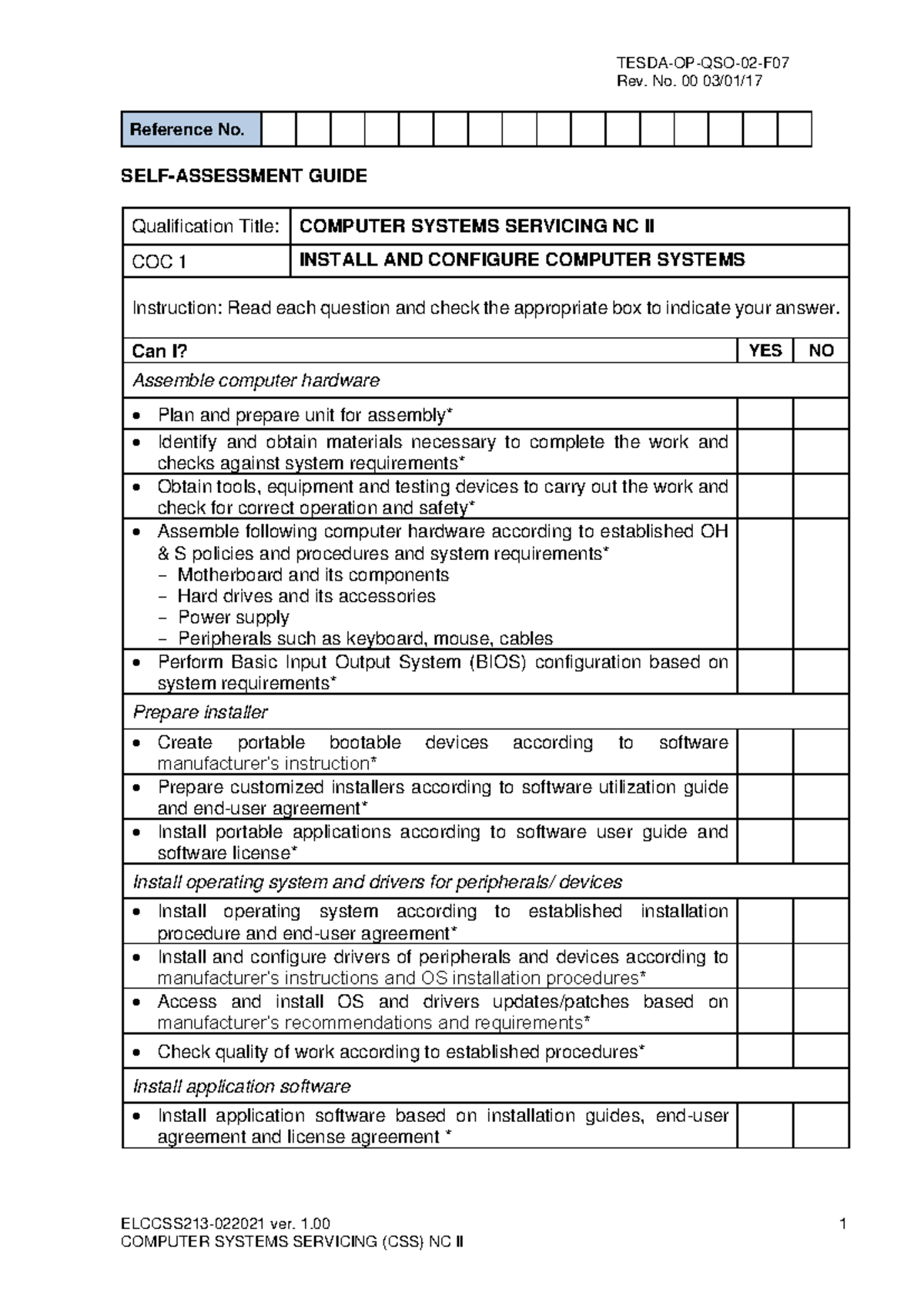 COC1.SELF Assessment Guide for Computer Systems Servicing NC II - Studocu