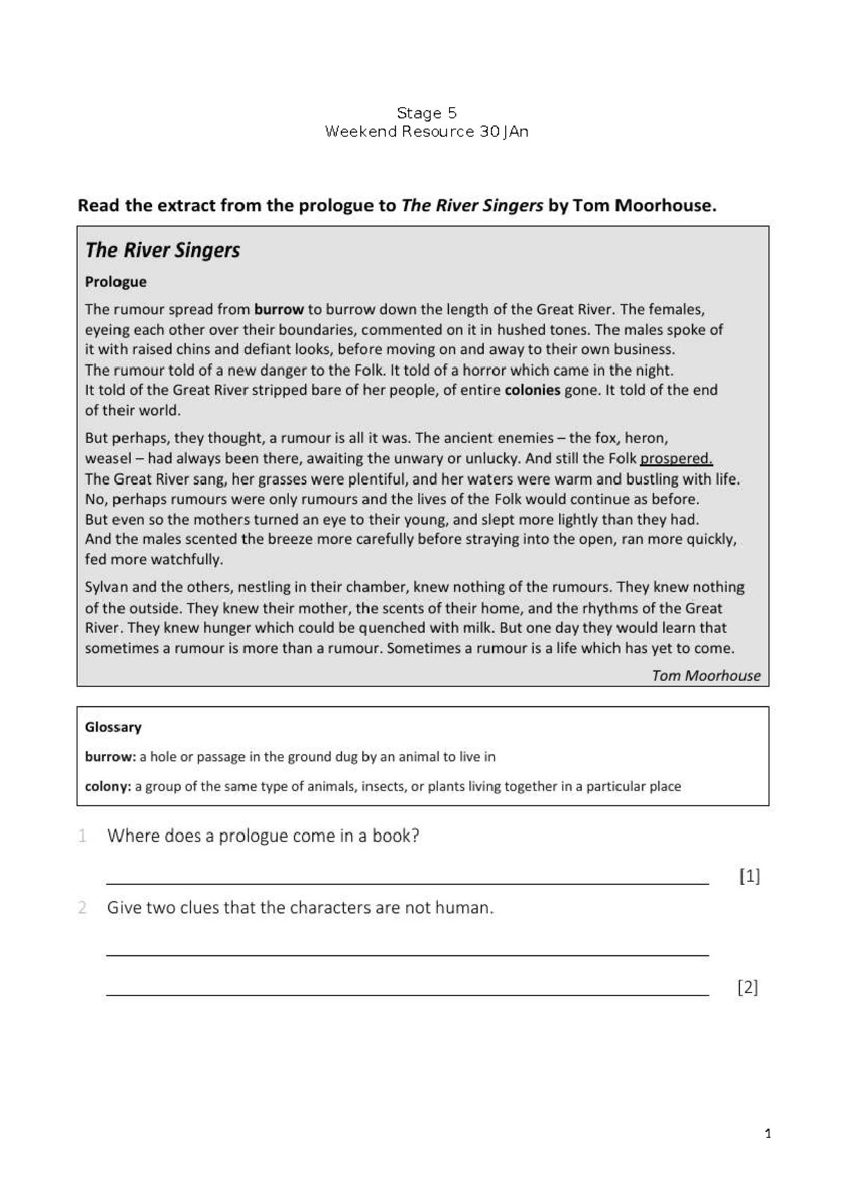 Stage 5 Weekend Resource: Prologue Analysis of The River Singers - Studocu