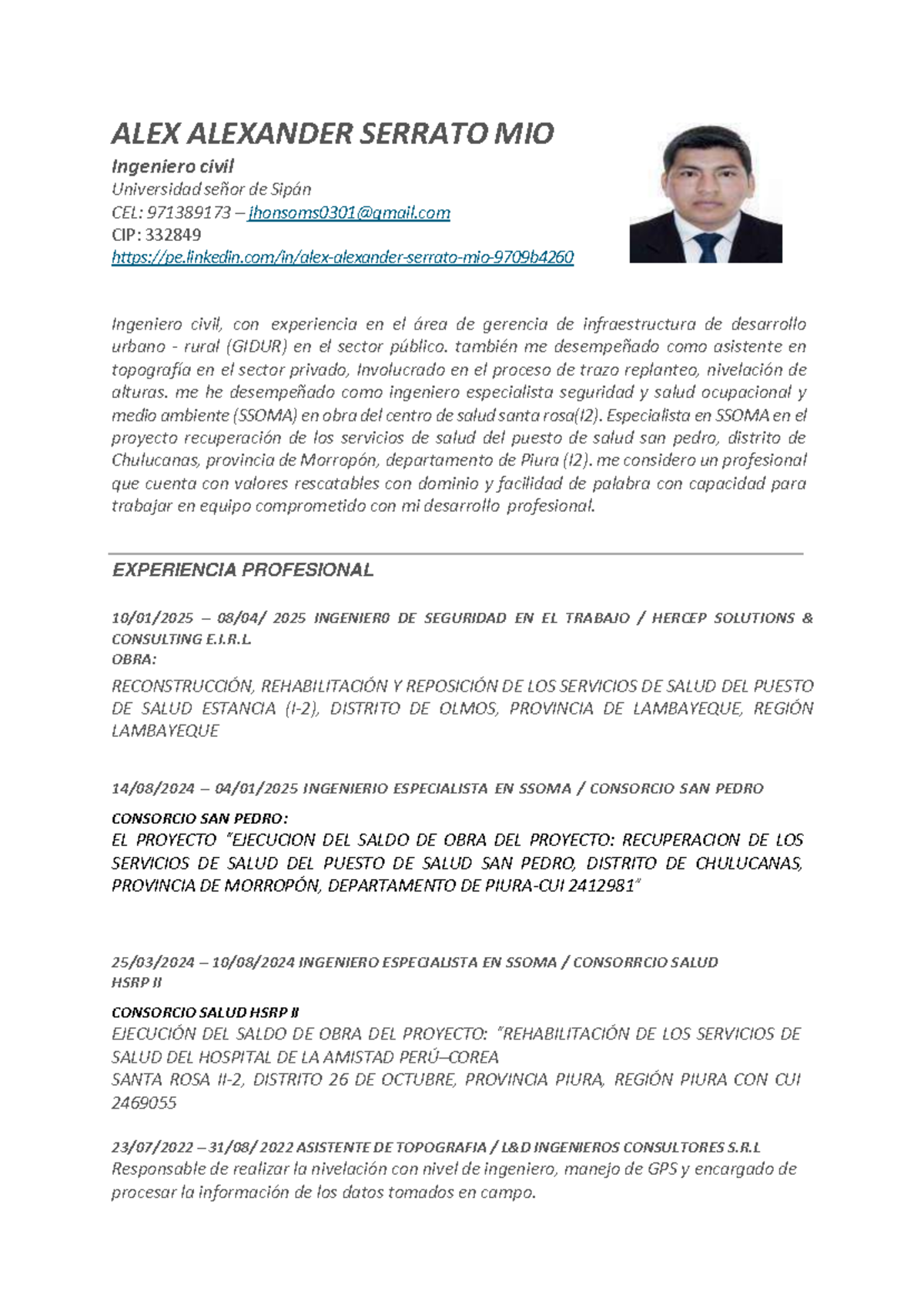 CV-ING CIVIL 2023: ALEX ALEXANDER SERRATO MIO - Experiencia y Formación ...