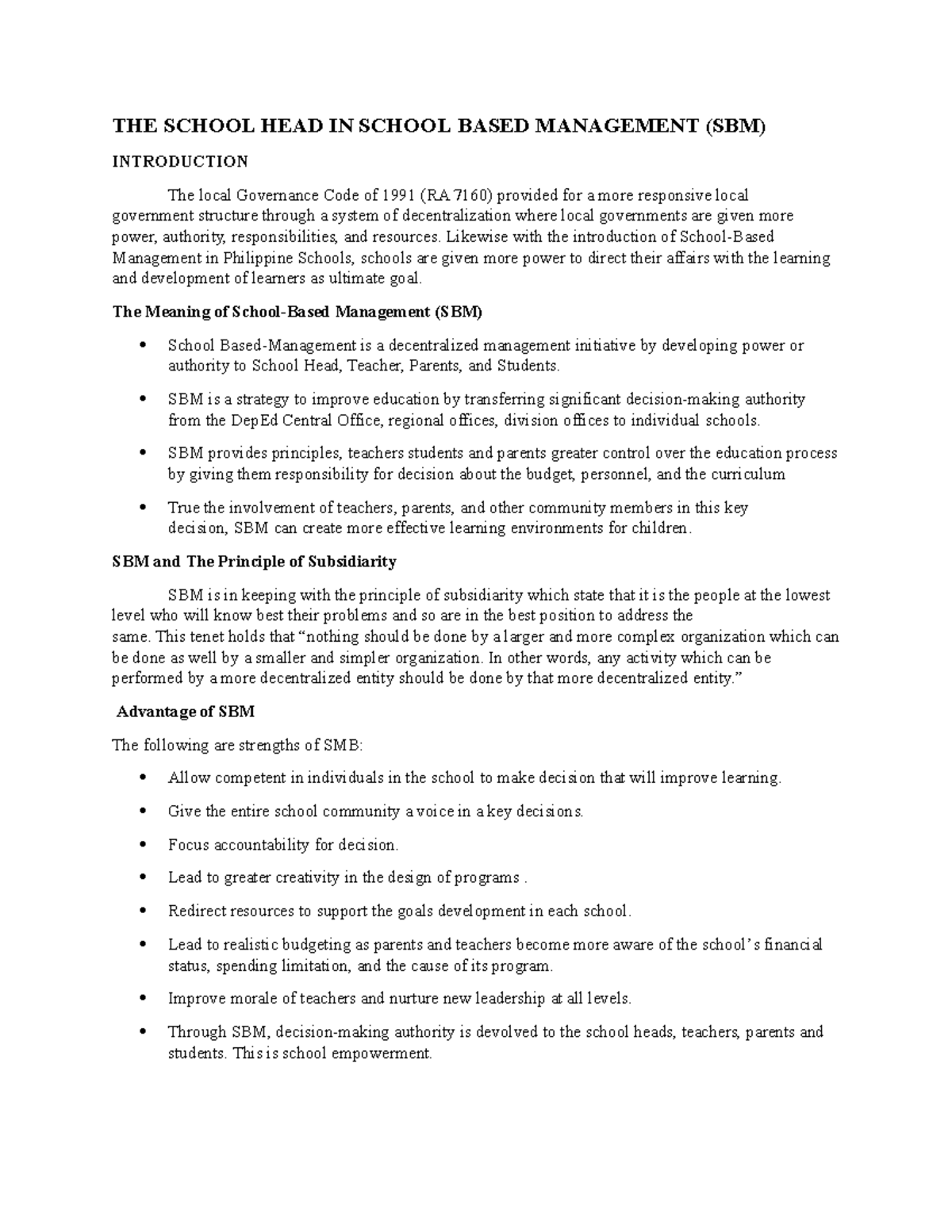 THE School HEAD IN School Based Management (SBM) - THE SCHOOL HEAD IN ...