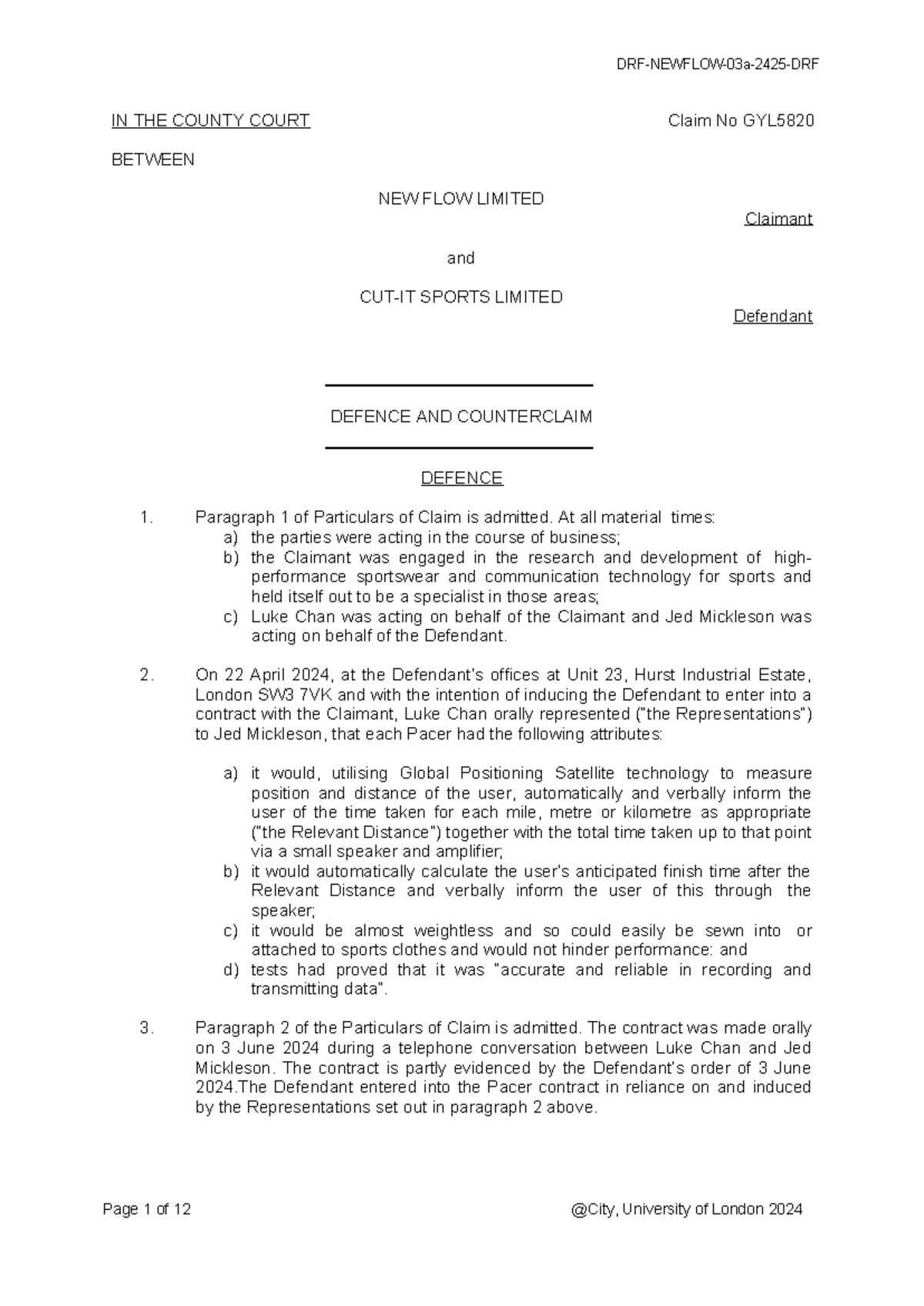 Defence & CC Sample 4 - Drafting New Loft - IN THE COUNTY COURT Claim ...