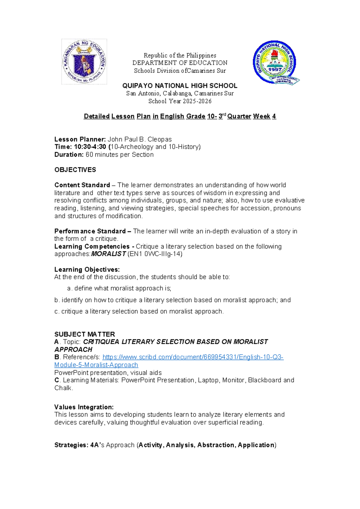 Detailed Lesson Plan: Critiquing Literature via Moralist Approach (ENG ...