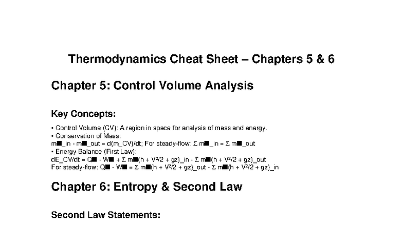 Thermo Cheat Sheet: Key Concepts from Chapters 5 & 6 - Studocu