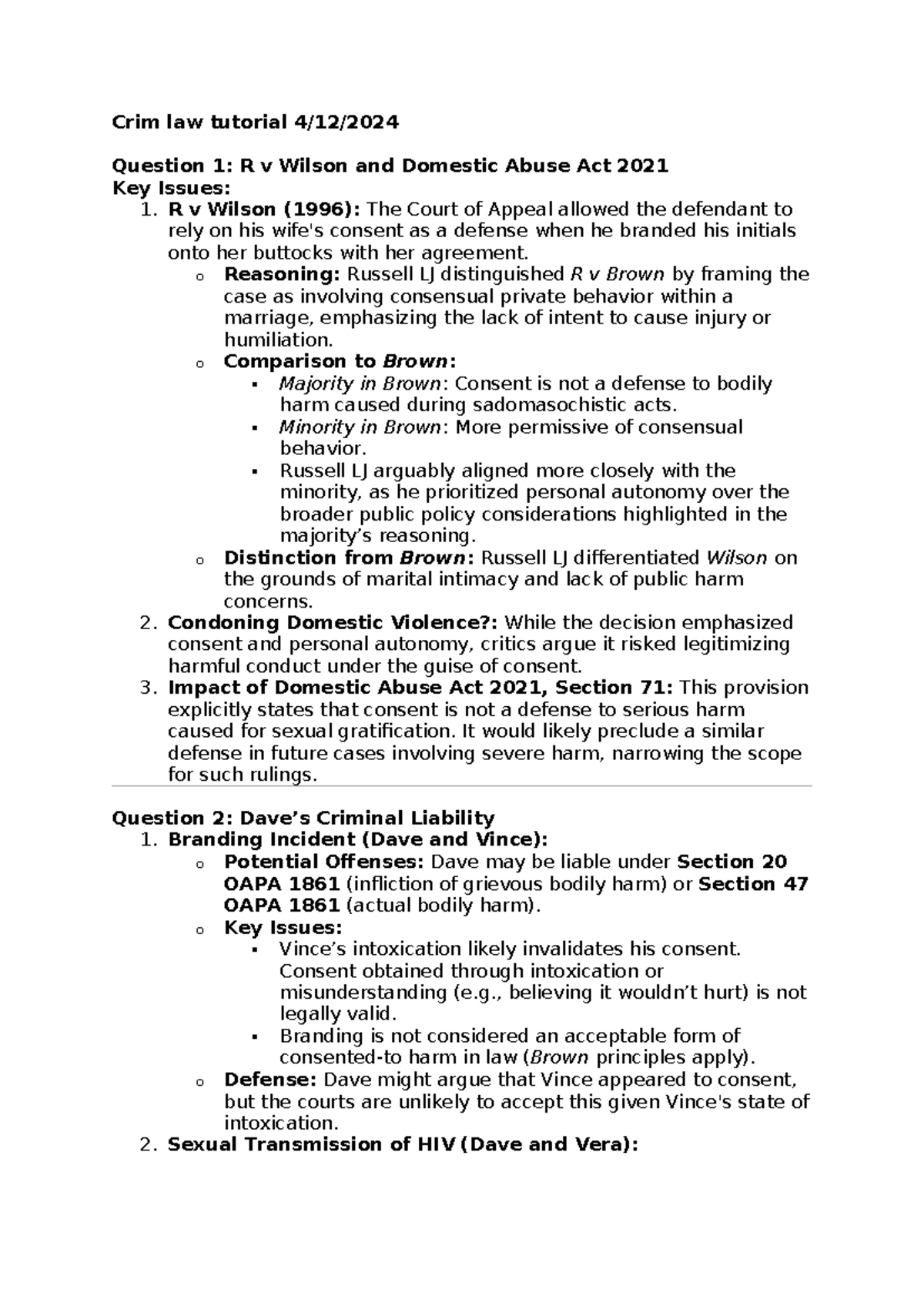 Crim law tutorial 4 - yes - Crim law tutorial 4/12/ Question 1: R v ...
