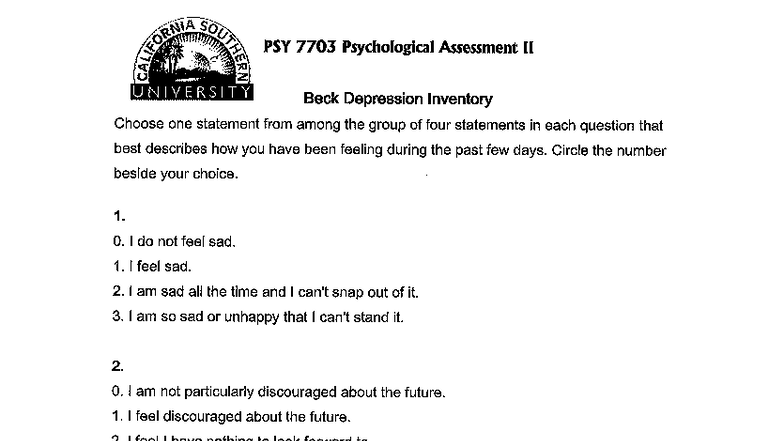 PSY 7703 Psychological Assessment II: Beck Depression Inventory - Studocu