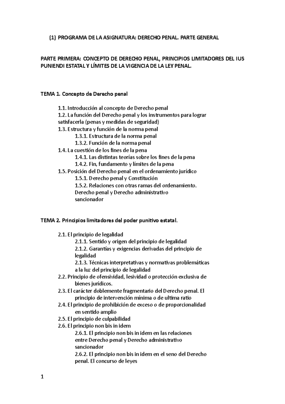 (1) Programa desarrollado de la asignatura DPPG-2 - (1) PROGRAMA DE LA ASIGNATURA: DERECHO PENAL ...