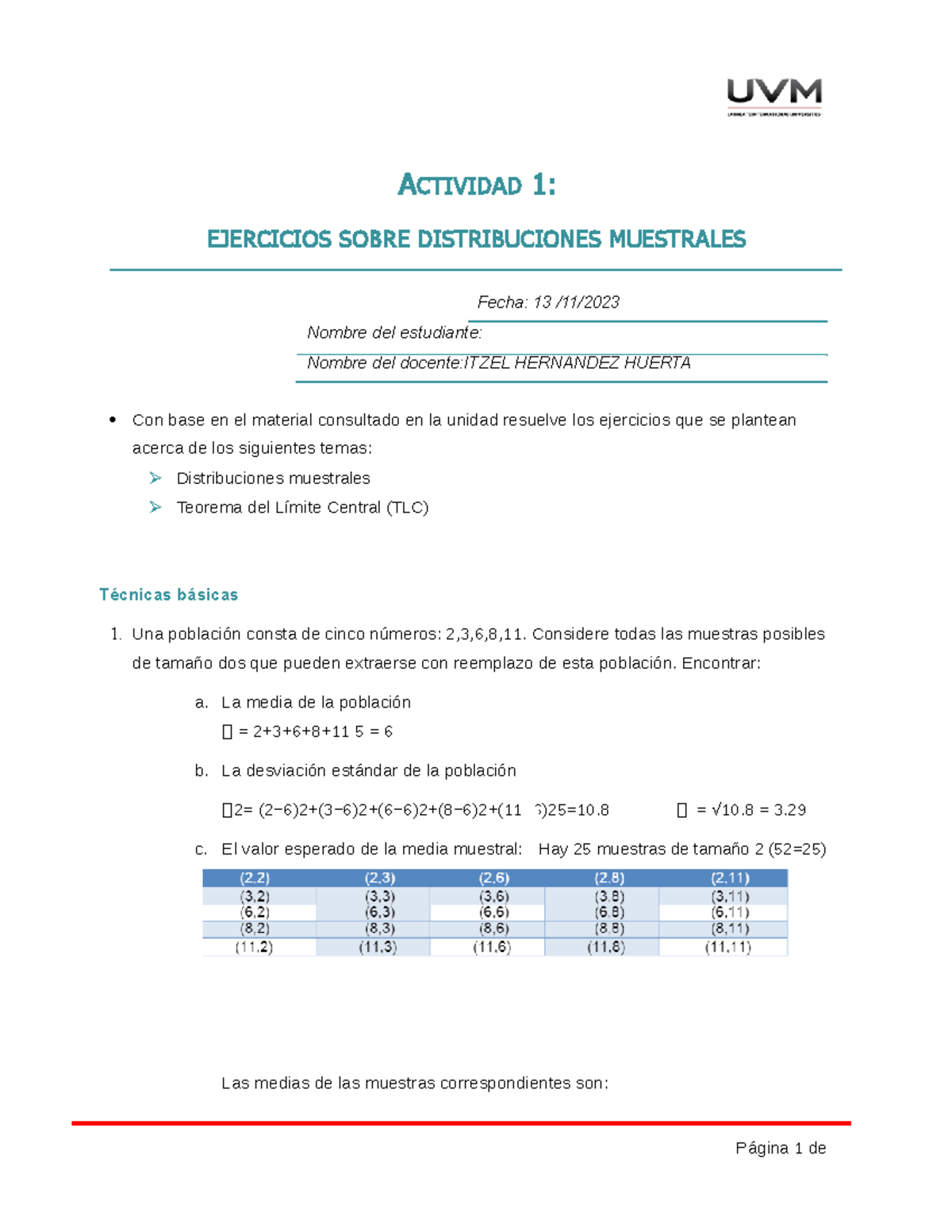 EJERCICIOS SOBRE DISTRIBUCIONES MUESTRALES - ACTIVIDAD 1 - Studocu