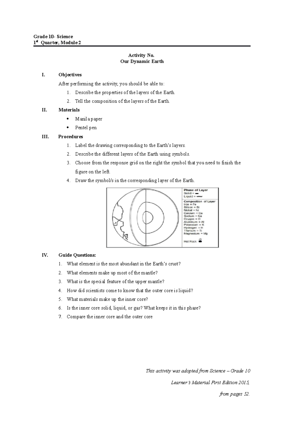 Grade 10 Science Activity 14.1: Earth's Layers - Objectives & Rubrics ...