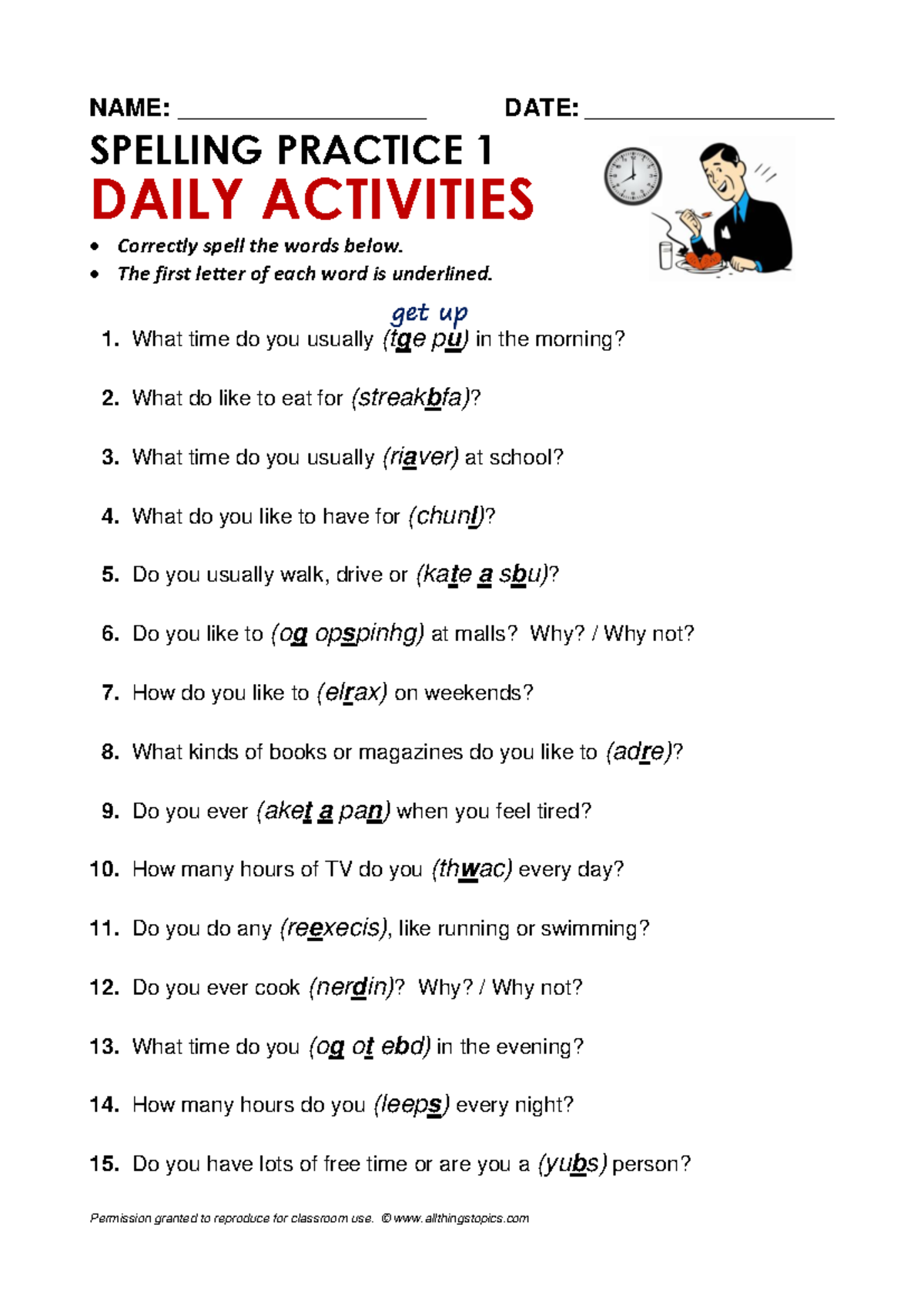 Spelling Practice 1 & 2: Daily Activities Exercises - Studocu