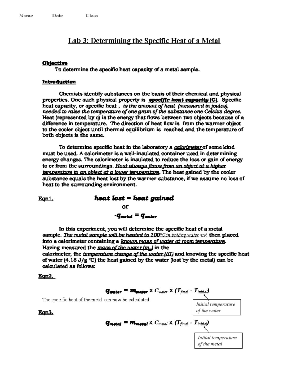 Lab 3 2021 Specific Heat Lab - Lab 3: Determining the Specific Heat of ...
