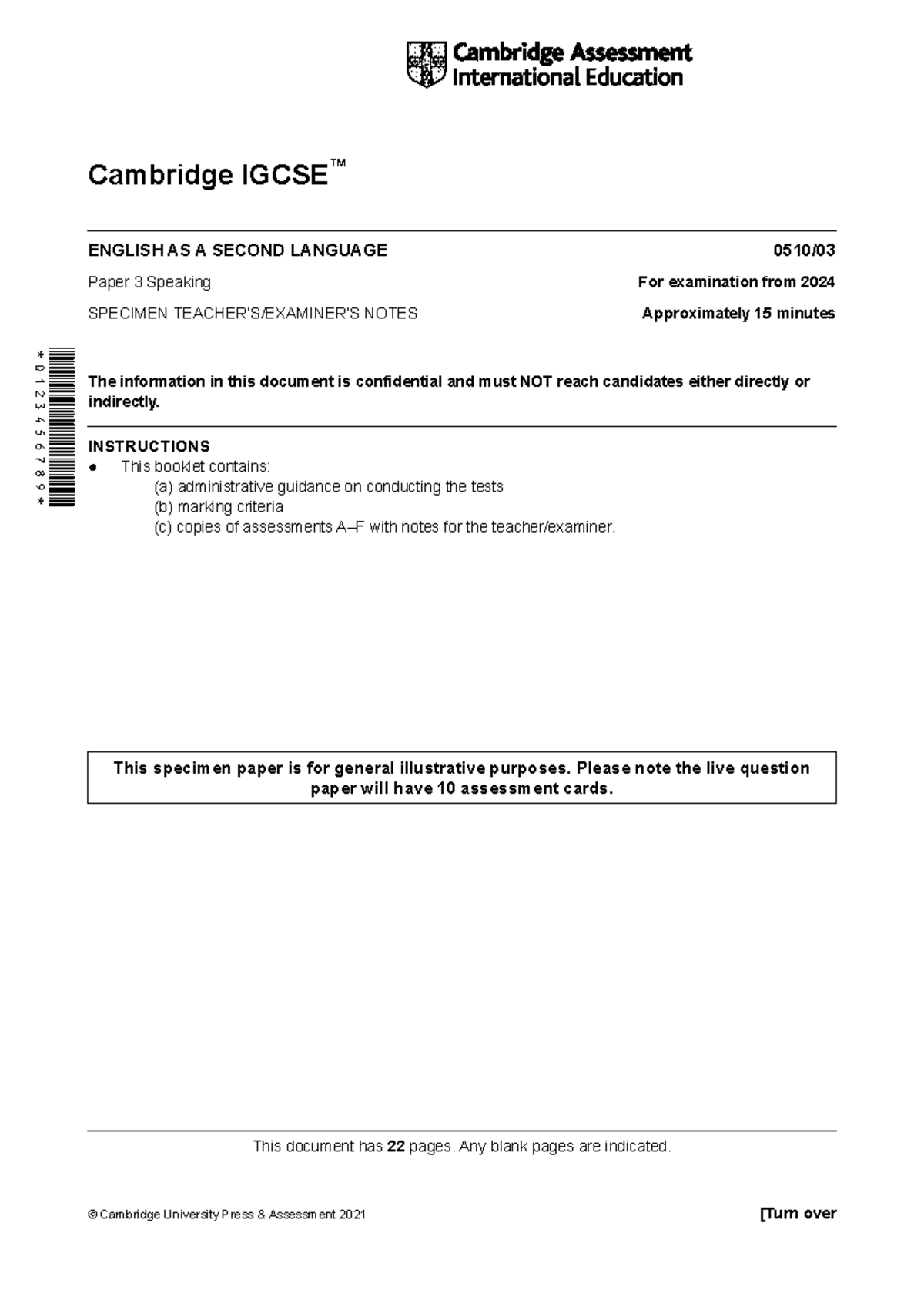 Cambridge ENGLISH AS A SECOND 0510 Paper 3 Specimen Teacher's Notes ...