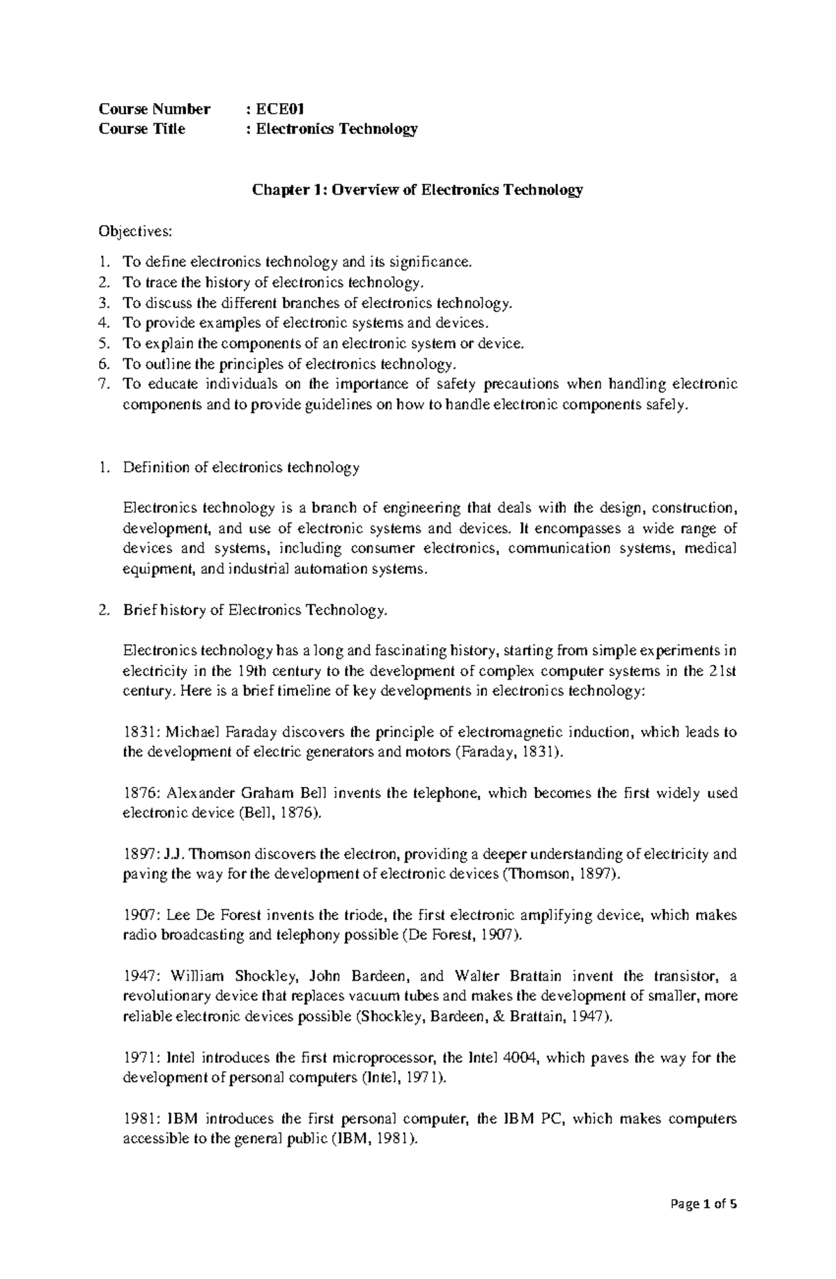 Chapter 1 - Overview of Electronics Technology - Course Number : ECE Course Title : Electronics ...