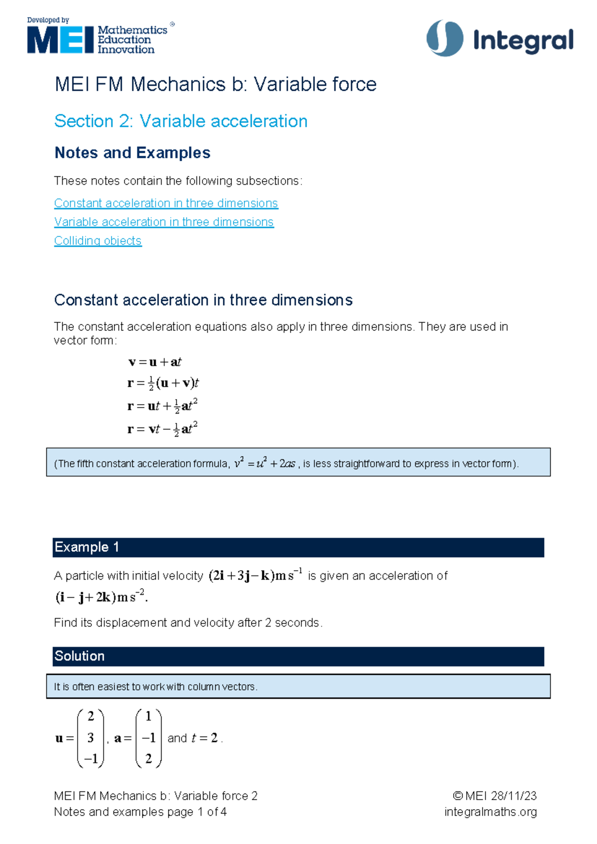 MEI FM Mechanics B: Variable Force - Section 2 Notes & Examples - Studocu
