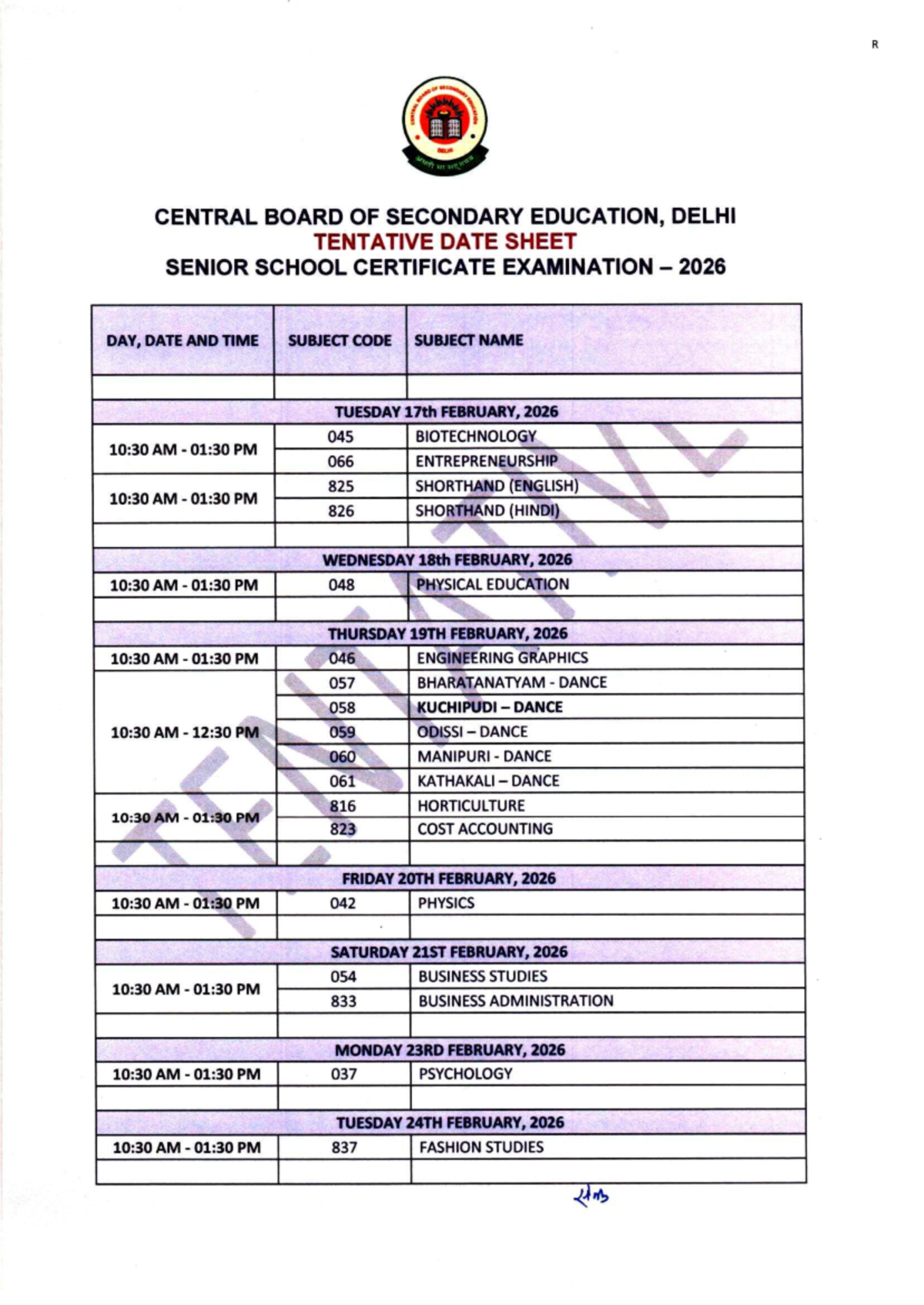 Tentative Date Sheet for Senior School Certificate Exam 2026 - Studocu